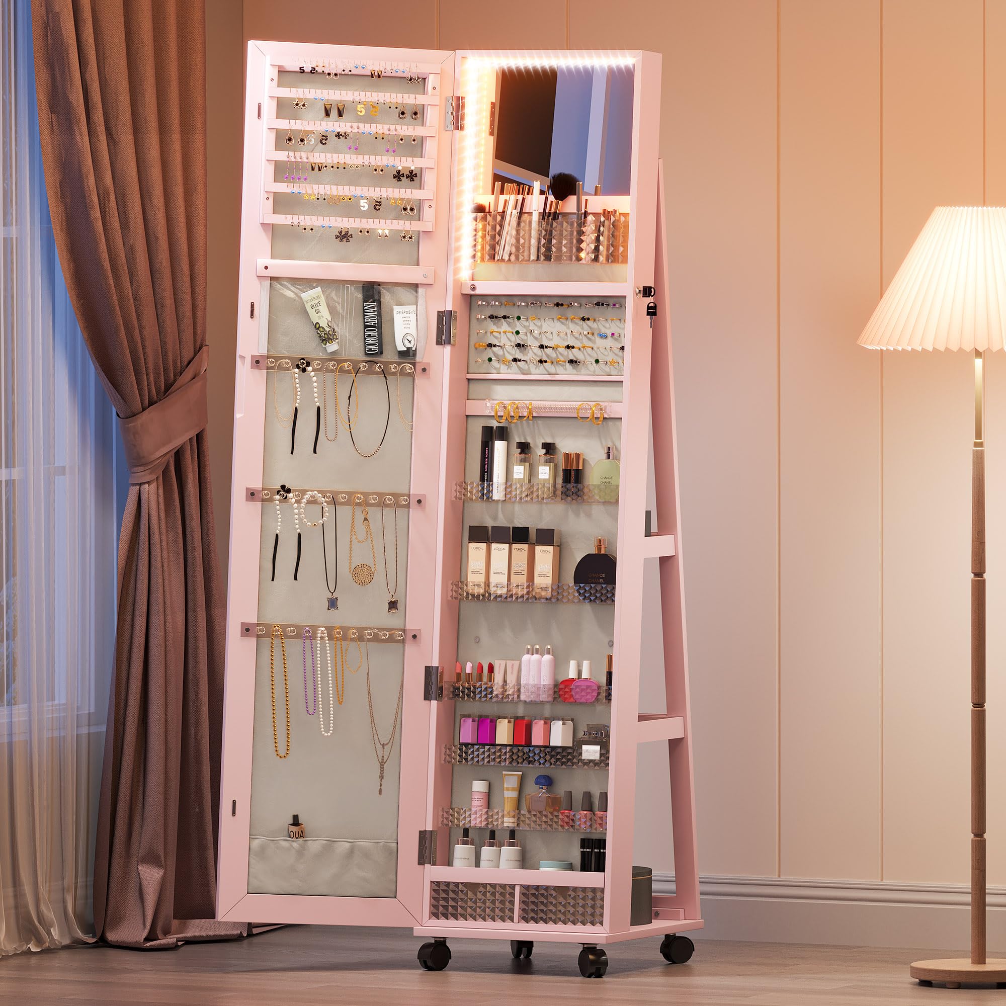 YITAHOME Mirror Jewelry Cabinet with Lights Standing Jewelry Armoire Storage Rotatable Full Length Mirror Jewelry Organizer Lockable Jewelry Armoire with Wheels for Bedroom, Cloakroom, Pink