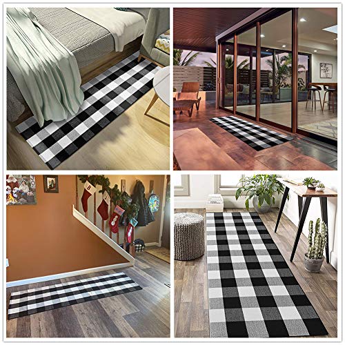 KaHouen Buffalo Check Runner Rug (24 x 71 Inches),Hand-Woven Buffalo Plaid Runner Rugs, Black and White Checkered Outdoor Rugs for Kitchen/Living Room/Bathroom/Laundry Room (2x6 ft, Checkered Carpet)