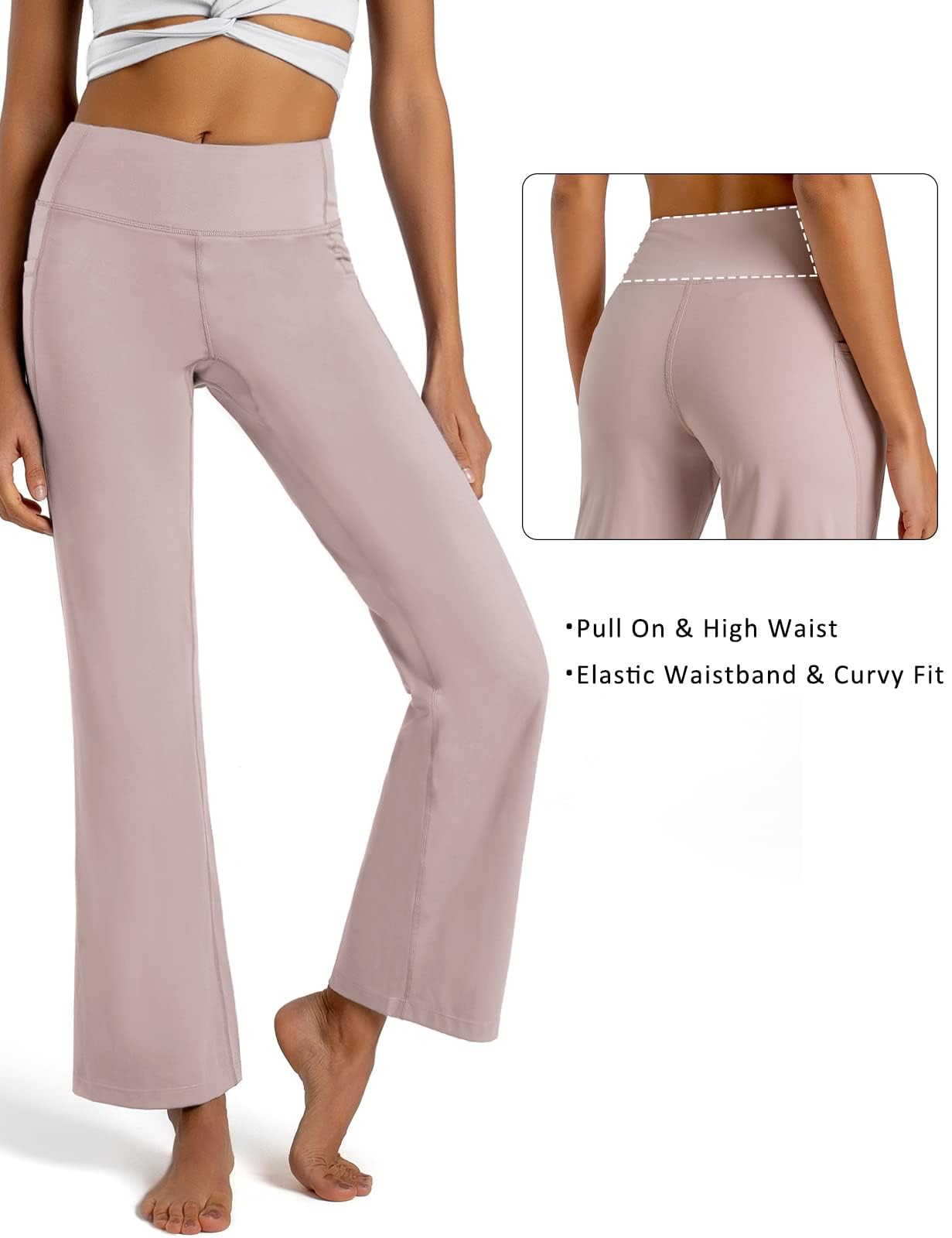 FIRST WAY Buttery Soft Women's Bootcut Yoga Pants Capris with 3 Pockets Lounge Floral Printing Full-Length, Taupe L