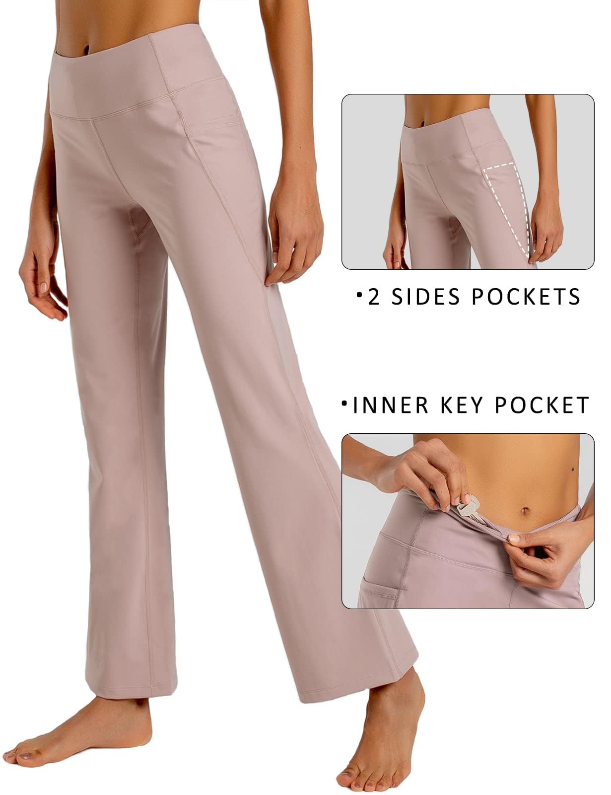 FIRST WAY Buttery Soft Women's Bootcut Yoga Pants Capris with 3 Pockets Lounge Floral Printing Full-Length, Taupe L