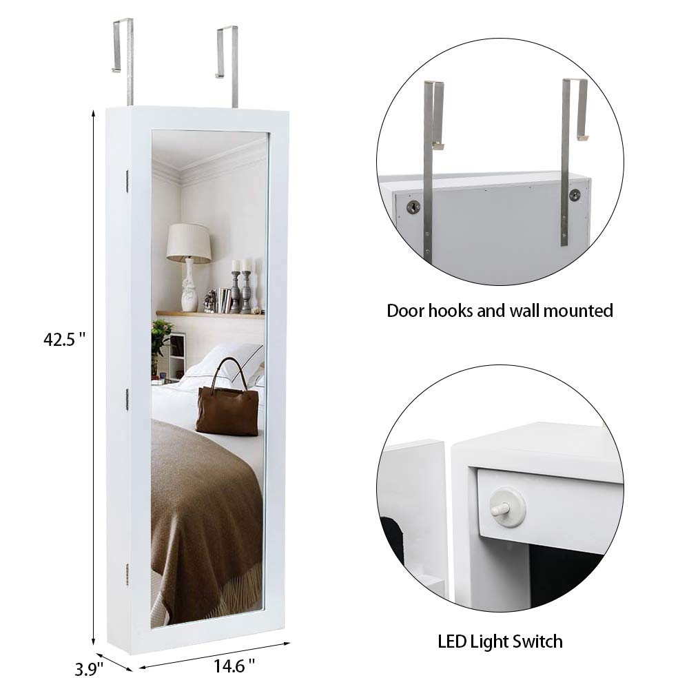 HOUAGI Modern White Jewelry Armoire with 5 LEDs, Mirror, 4 Drawers, Wall Mounted, Jewelry Organizer for Women, Wedding, Birthday, Earring Storage