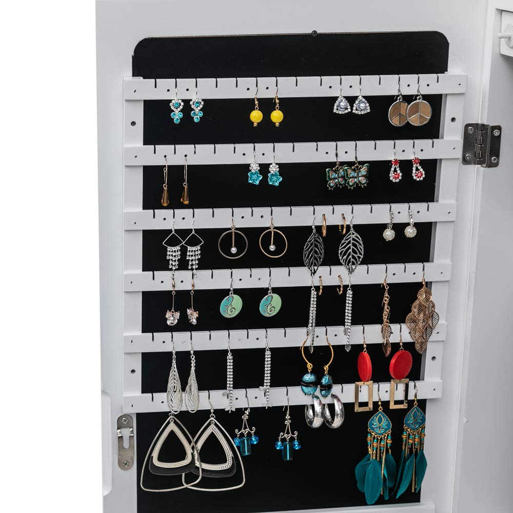 HOUAGI Modern White Jewelry Armoire with 5 LEDs, Mirror, 4 Drawers, Wall Mounted, Jewelry Organizer for Women, Wedding, Birthday, Earring Storage