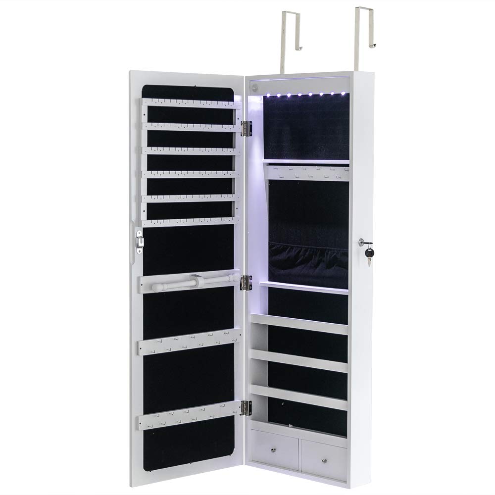 HOUAGI Modern White Jewelry Armoire with 5 LEDs, Mirror, 4 Drawers, Wall Mounted, Jewelry Organizer for Women, Wedding, Birthday, Earring Storage