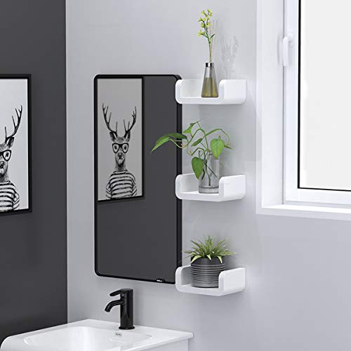 AIYoo White Floating Shelf Decor Wall Mounted Shelves, No Drilling Adhesive Hanging Wall Shelf for Bathroom Kitchen Office Living Room and Bedroom Storage -7 Inch
