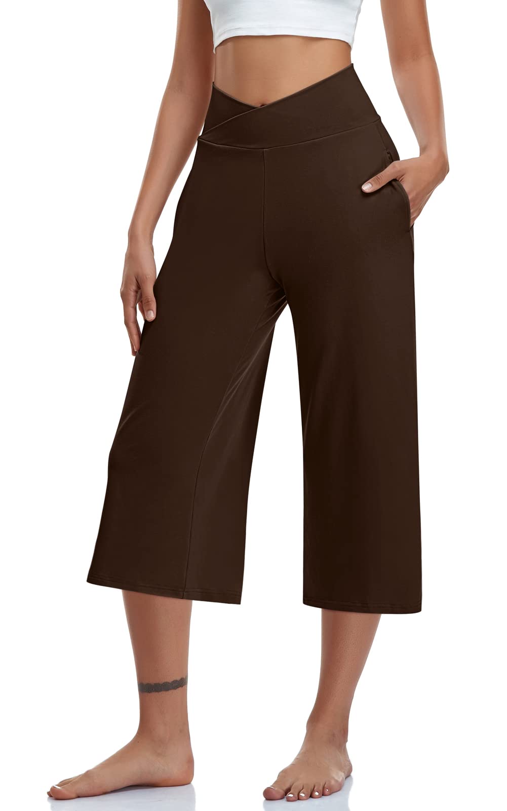 TARSE Womens Casual Wide Leg Yoga Capris Summer Crossover High Waist Capri Pants Loose Soft Pajama Pockets Sweatpants(Brown,M)