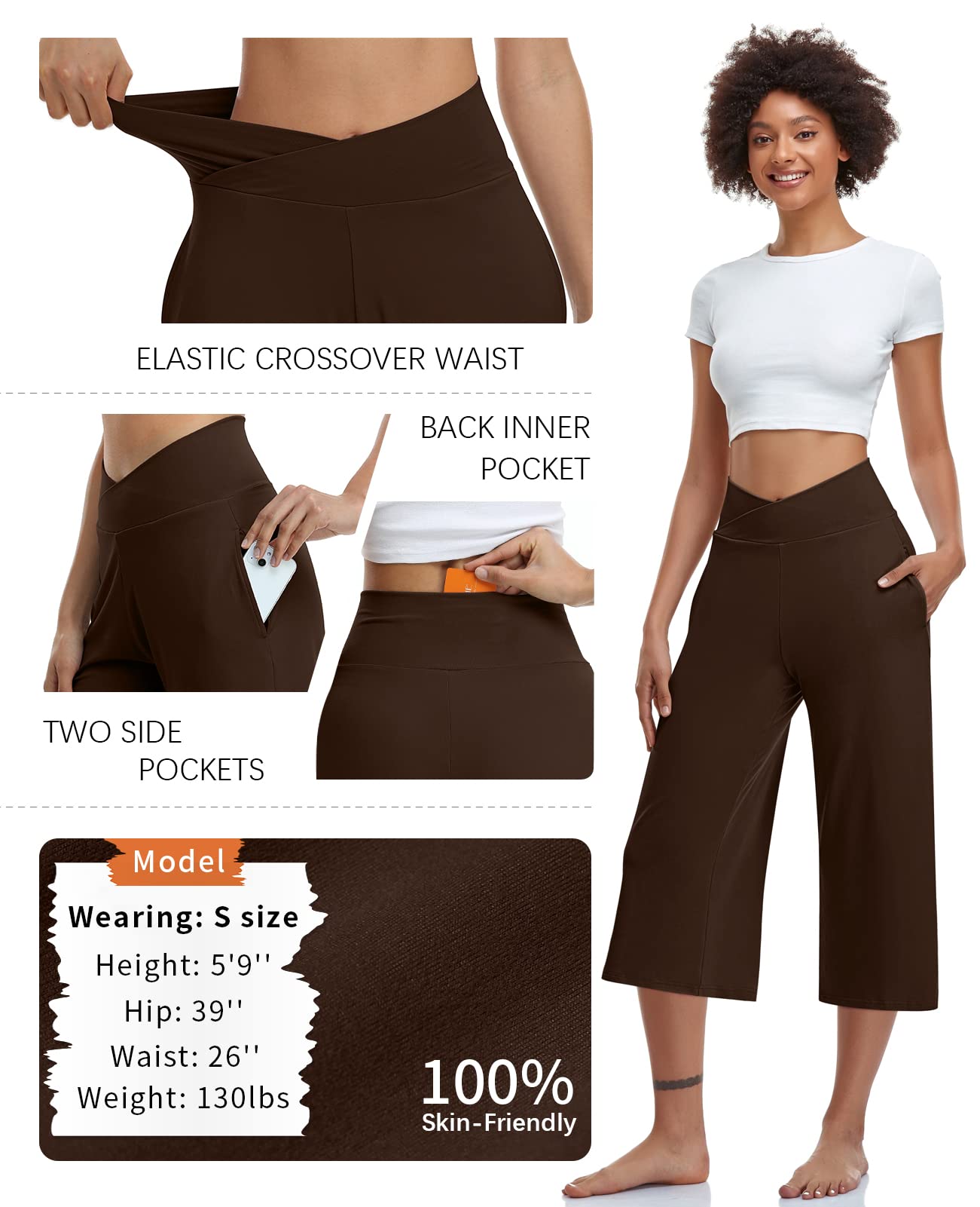 TARSE Womens Casual Wide Leg Yoga Capris Summer Crossover High Waist Capri Pants Loose Soft Pajama Pockets Sweatpants(Brown,M)