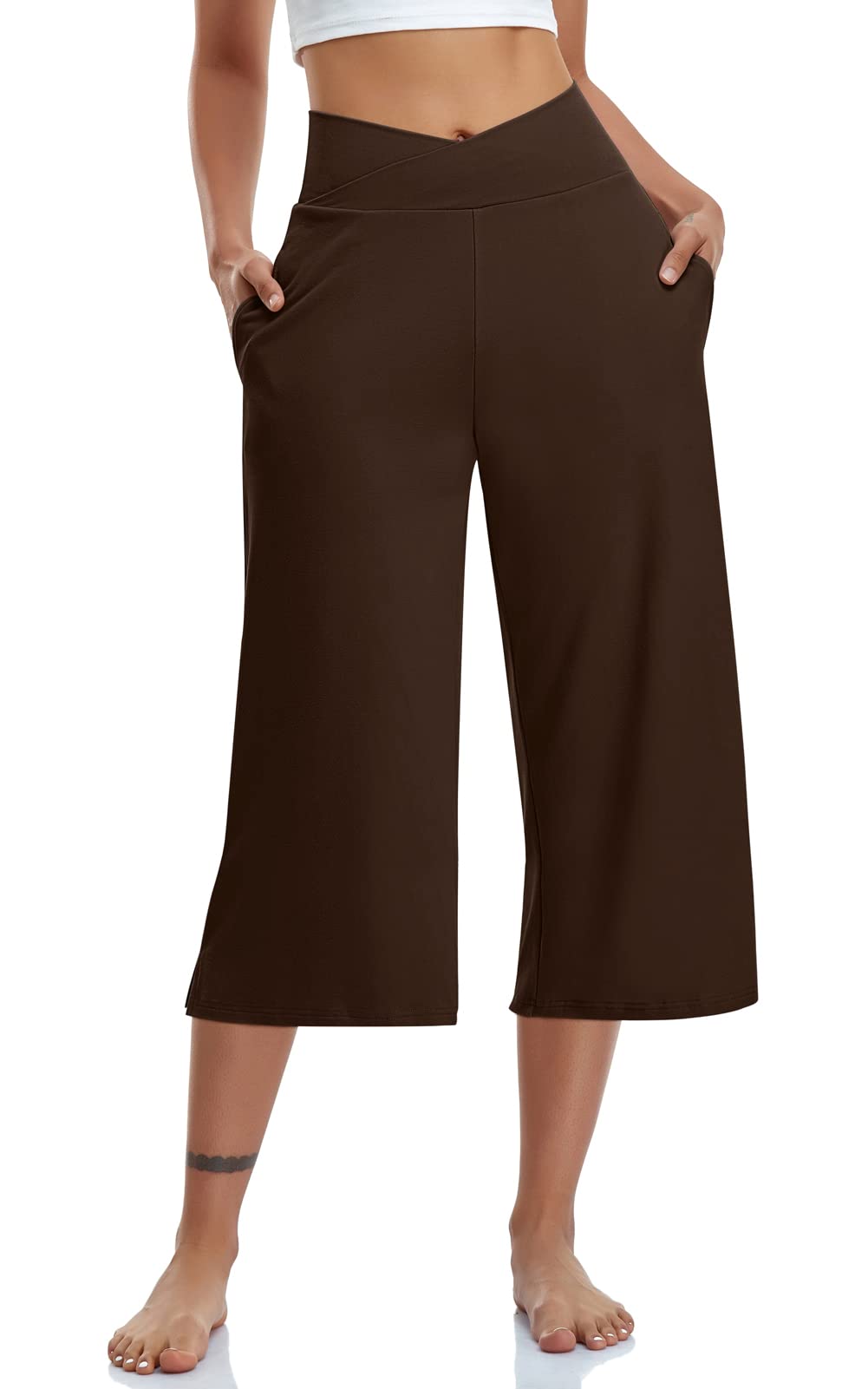 TARSE Womens Casual Wide Leg Yoga Capris Summer Crossover High Waist Capri Pants Loose Soft Pajama Pockets Sweatpants(Brown,M)