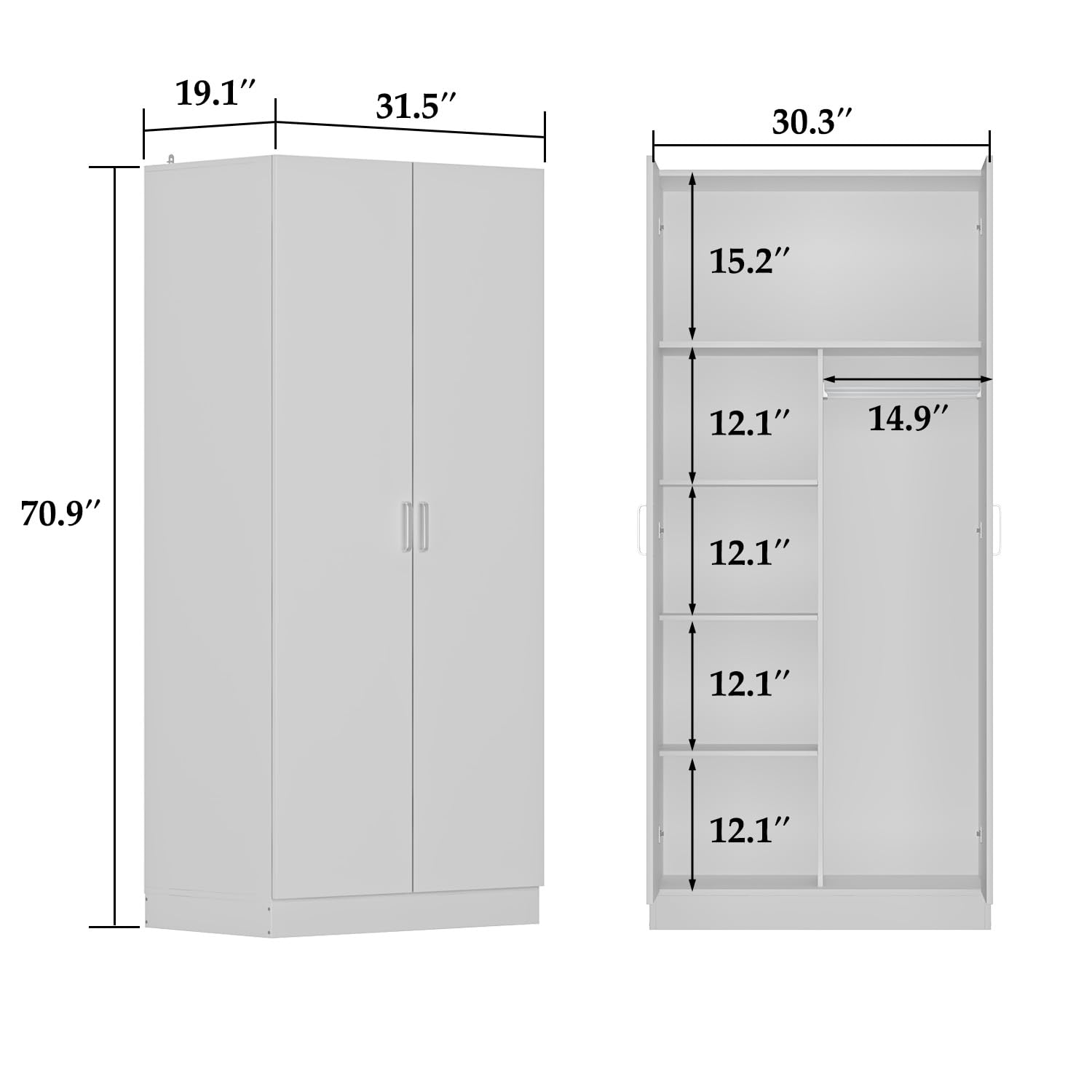 ECACAD Wardrobe Armoire with 5 Shelves, Hanging Rod & 2 Doors, Wooden Closet Storage Cabinet for Bedroom, White (31.5”W x 19.1”D x 70.9”H)