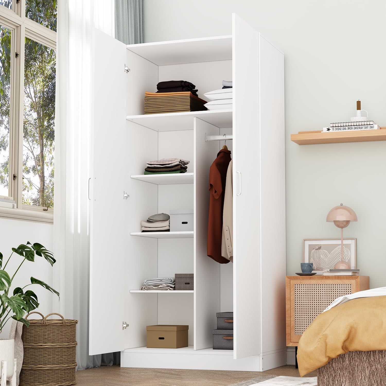 ECACAD Wardrobe Armoire with 5 Shelves, Hanging Rod & 2 Doors, Wooden Closet Storage Cabinet for Bedroom, White (31.5”W x 19.1”D x 70.9”H)