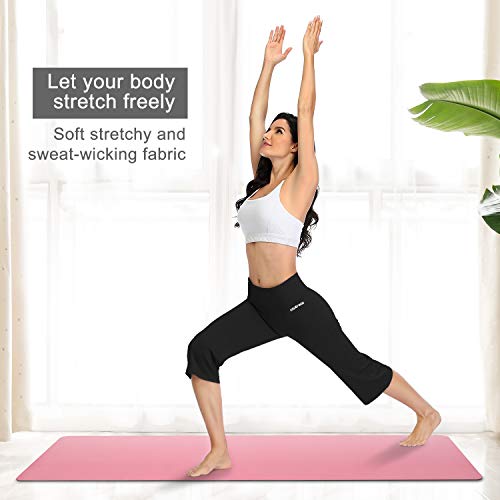 HISKYWIN 18" Inseam Women Inner Pocket Yoga Capri 4 Way Stretch Tummy Control Workout Running Pants, Long Bootleg Flare Pants HF2A Black-L