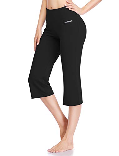 HISKYWIN 18" Inseam Women Inner Pocket Yoga Capri 4 Way Stretch Tummy Control Workout Running Pants, Long Bootleg Flare Pants HF2A Black-L