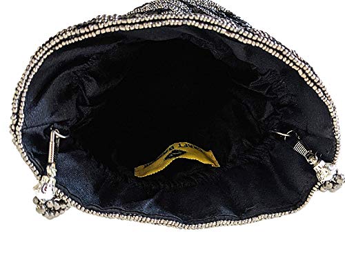 CRAFT BAZAAR Women Handmade Indian Potli Bag, Bead Zebra Bag, Standing Drawstring Purse, Mini Bucket Bag With Wristlet and Tassels