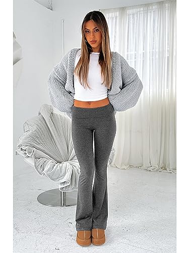 Bell Bottom Leggings for Women Fold Over Waist Flare Palazzo Pants Trousers Leggings Y2k Buttery Soft Leggings Deep Grey