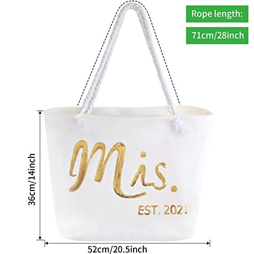 Wifey Bride Tote Bag for Wedding with Zipper Mrs. EST. 2021 Large Beach Shoulder Bride Bag for Engagement with Gold Sequin Shower Honeymoon Gift White