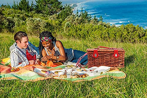 Wicker Picnic Basket Set for 4 Persons with Large Insulated Cooler Bag and Waterproof Picnic Blanket, Willow Picnic Hamper for Family, Outdoor, Camping, Party(Red)