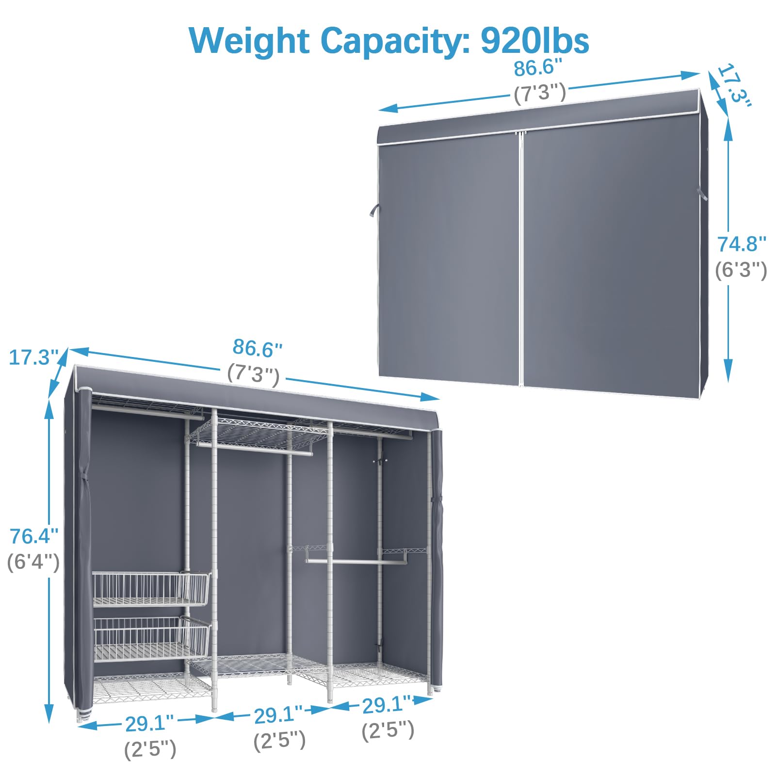 VIPEK V10C Plus Portable Closet Heavy Duty Clothes Rack with Slid Basket, Covered Wardrobe Closet, Adjustable Closet Storage Rack, White Clothing Rack with Grey Oxford Fabric Cover 86.6"Lx17.3Wx76.4 H