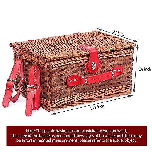 Wicker Picnic Basket Set for 4 Persons with Large Insulated Cooler Bag and Waterproof Picnic Blanket, Willow Picnic Hamper for Family, Outdoor, Camping, Party(Red)