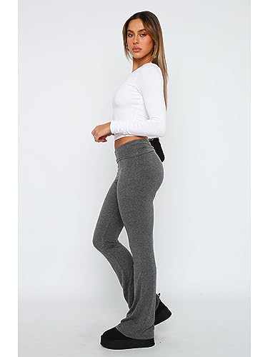 Bell Bottom Leggings for Women Fold Over Waist Flare Palazzo Pants Trousers Leggings Y2k Buttery Soft Leggings Deep Grey