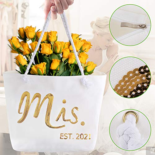 Wifey Bride Tote Bag for Wedding with Zipper Mrs. EST. 2021 Large Beach Shoulder Bride Bag for Engagement with Gold Sequin Shower Honeymoon Gift White