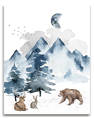 Woodland Animals Children’s Wall Decor, Rustic Mountain Tree Forest Landscape Wall Art for Kids, Watercolor Nature Baby Nursery Decor for Boys or Girls Bedroom, Blue Gray Black, Unframed 11X14 Print.