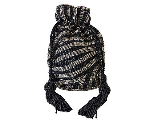 CRAFT BAZAAR Women Handmade Indian Potli Bag, Bead Zebra Bag, Standing Drawstring Purse, Mini Bucket Bag With Wristlet and Tassels