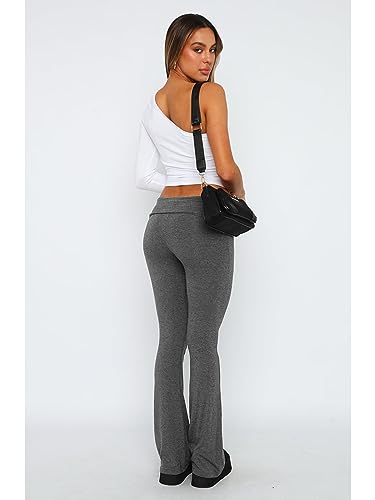 Bell Bottom Leggings for Women Fold Over Waist Flare Palazzo Pants Trousers Leggings Y2k Buttery Soft Leggings Deep Grey