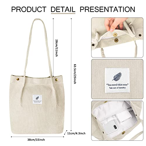 Ayieyill Corduroy Tote Bag for Women Canvas Shoulder Cord Purse with Inner Pocket（Beige）