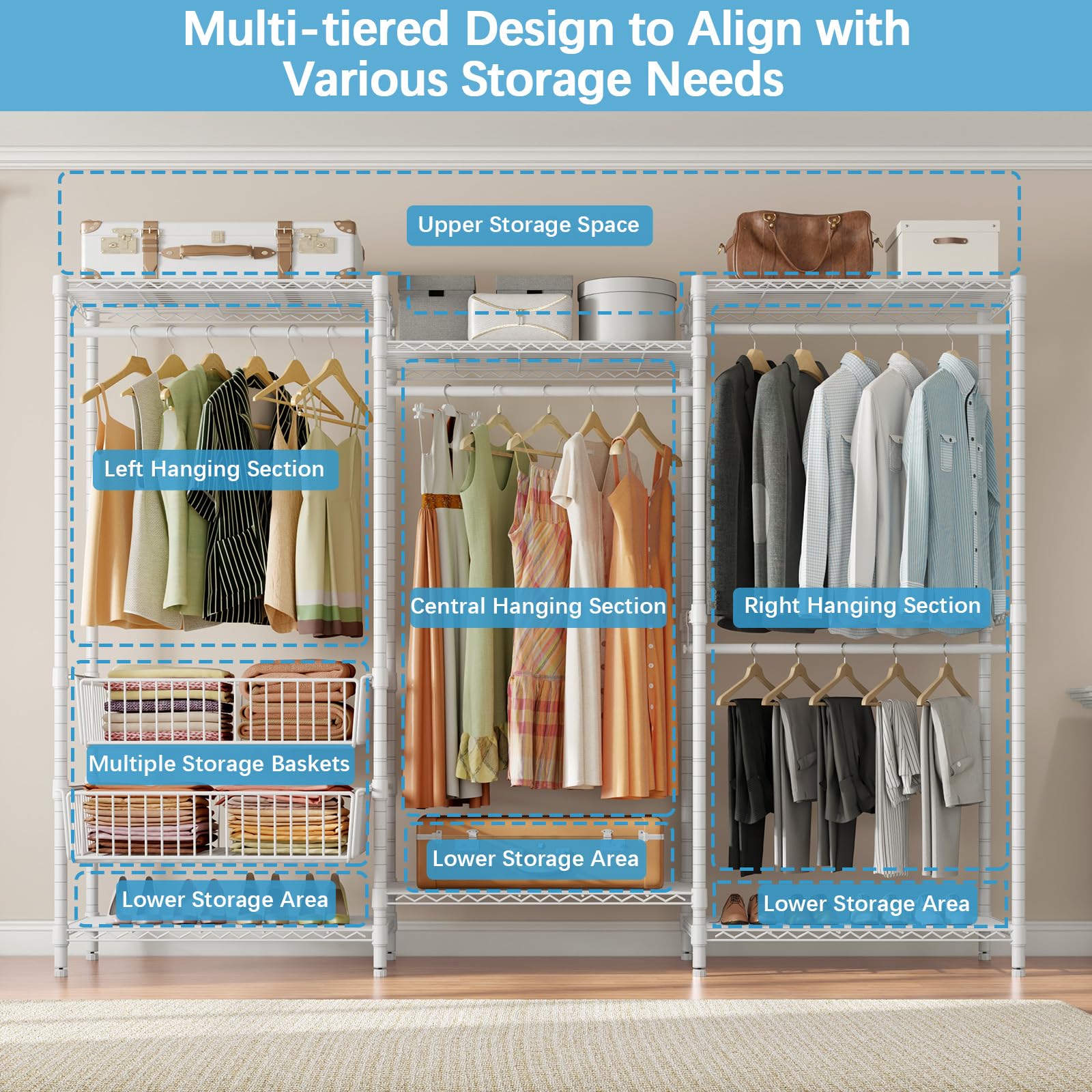 VIPEK V10C Plus Portable Closet Heavy Duty Clothes Rack with Slid Basket, Covered Wardrobe Closet, Adjustable Closet Storage Rack, White Clothing Rack with Grey Oxford Fabric Cover 86.6"Lx17.3Wx76.4 H