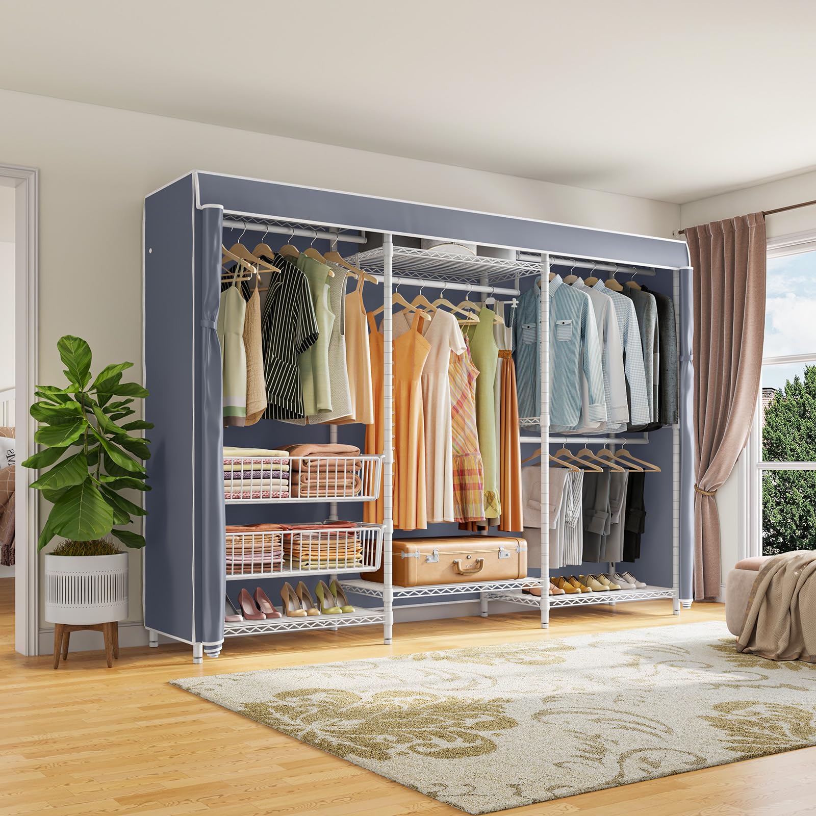 VIPEK V10C Plus Portable Closet Heavy Duty Clothes Rack with Slid Basket, Covered Wardrobe Closet, Adjustable Closet Storage Rack, White Clothing Rack with Grey Oxford Fabric Cover 86.6"Lx17.3Wx76.4 H