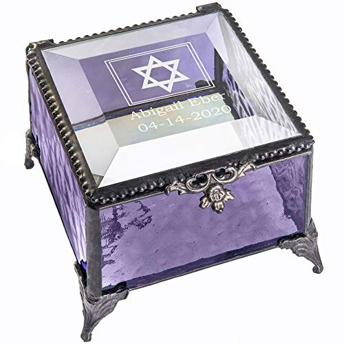 Bat Mitzvah Gifts for Girls Personalized Keepsake Engraved Jewish Star of David Purple Stained Glass Jewelry Box Trinkets J Devlin Box 836 EB250