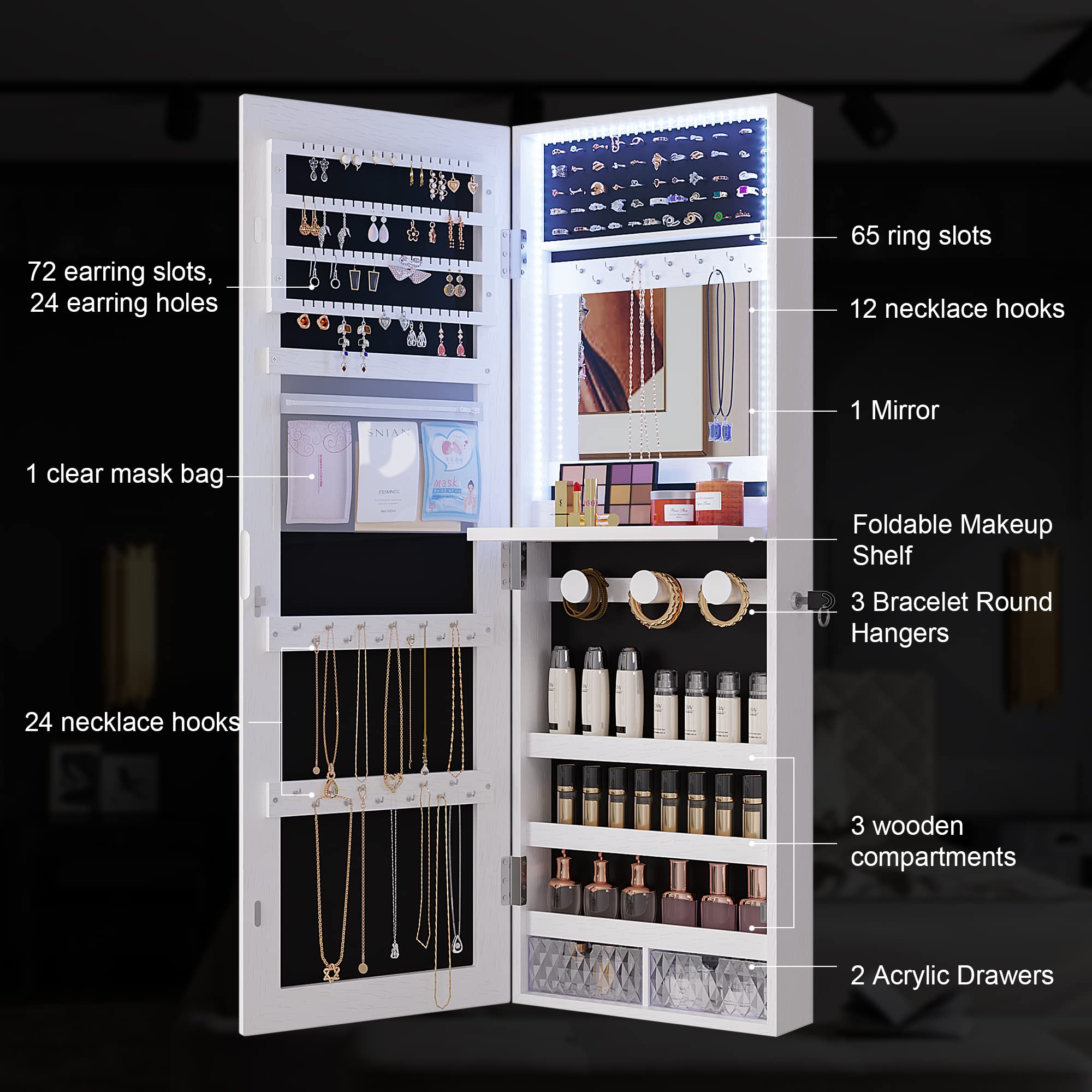 FREDEES LED Jewelry Mirror Cabinet with 42.52" Tall Door Mirror,Lockable Wall Mounted Jewelry Organizer, Full Length Mirror Jewelry Cabinet,2 Small Storage Boxes (White)