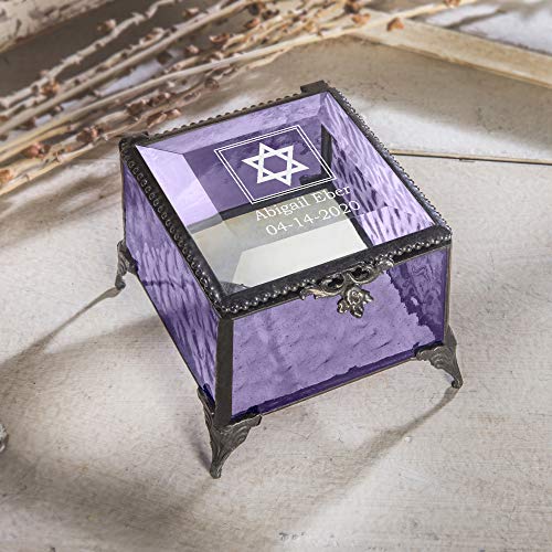 Bat Mitzvah Gifts for Girls Personalized Keepsake Engraved Jewish Star of David Purple Stained Glass Jewelry Box Trinkets J Devlin Box 836 EB250