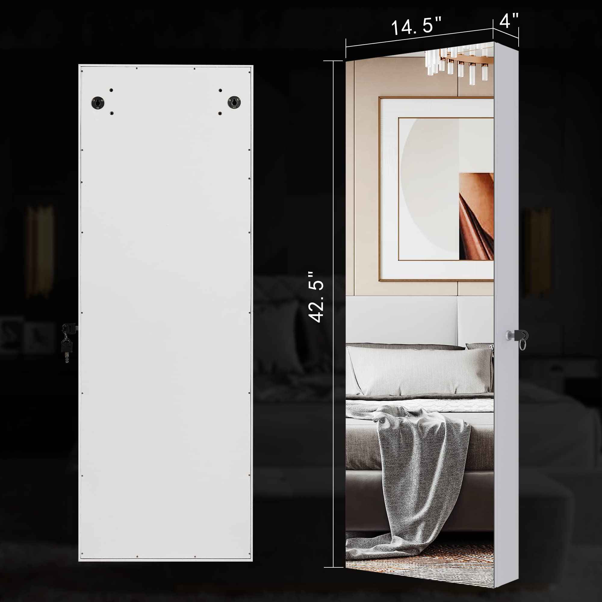 FREDEES LED Jewelry Mirror Cabinet with 42.52" Tall Door Mirror,Lockable Wall Mounted Jewelry Organizer, Full Length Mirror Jewelry Cabinet,2 Small Storage Boxes (White)