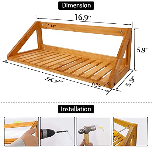 NIUXX Floating Shelves Wall Mounted, 2 Pcs Solid Bamboo Wall Hanging Rack Holder, Wall Storage Shelves for Bedroom, Living Room, Bathroom, Kitchen, Office Decor