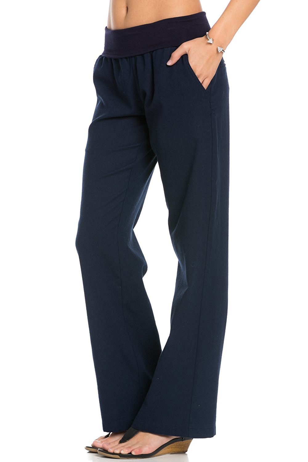 Poplooks Women's Comfy Fold Over Linen Pants (Medium, Navy)