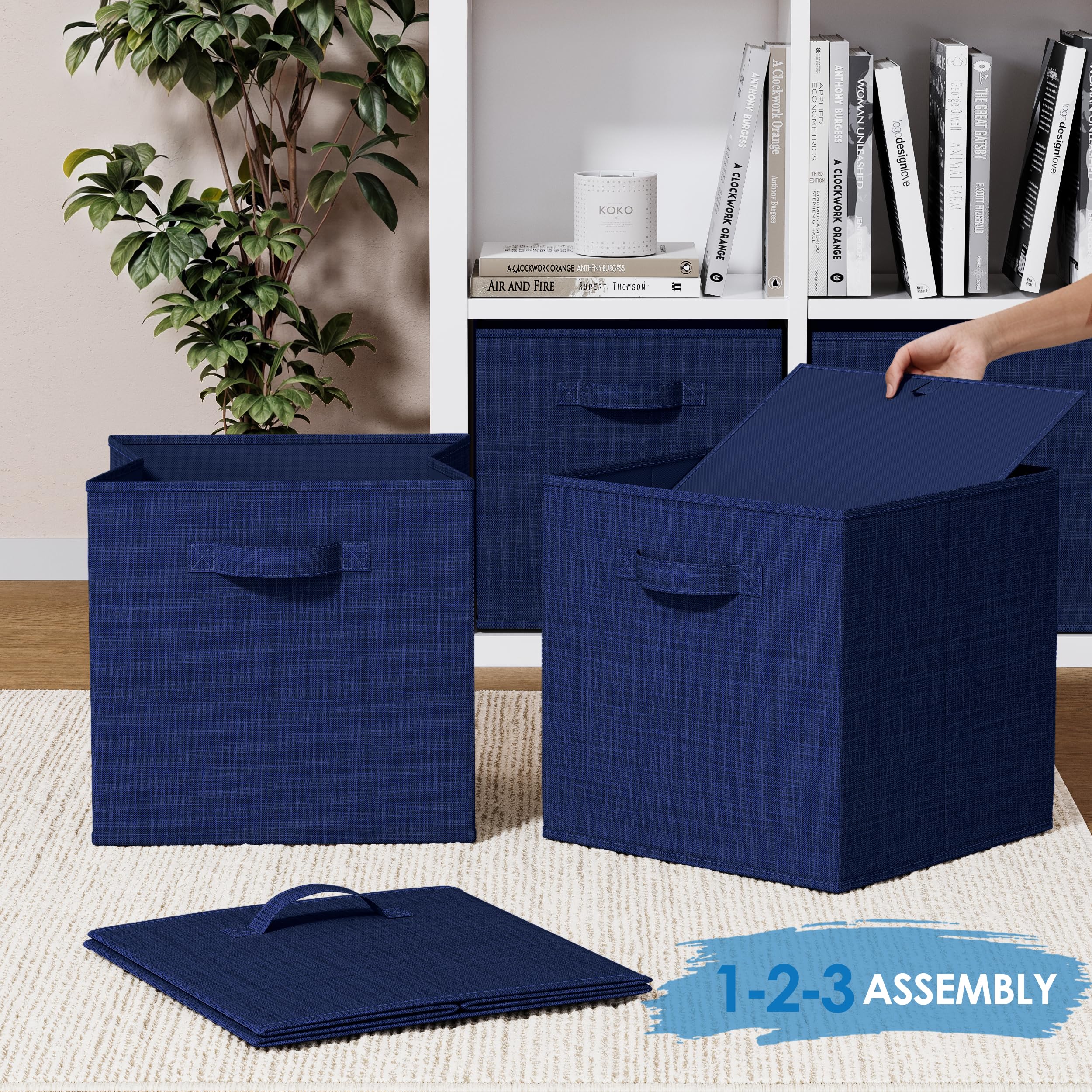 Neaterize 13x13 Inch Cube Storage Baskets, Textured Navy, Set of 6, Sturdy Fabric, Multi-Purpose, Collapsible Design, Eco-Friendly