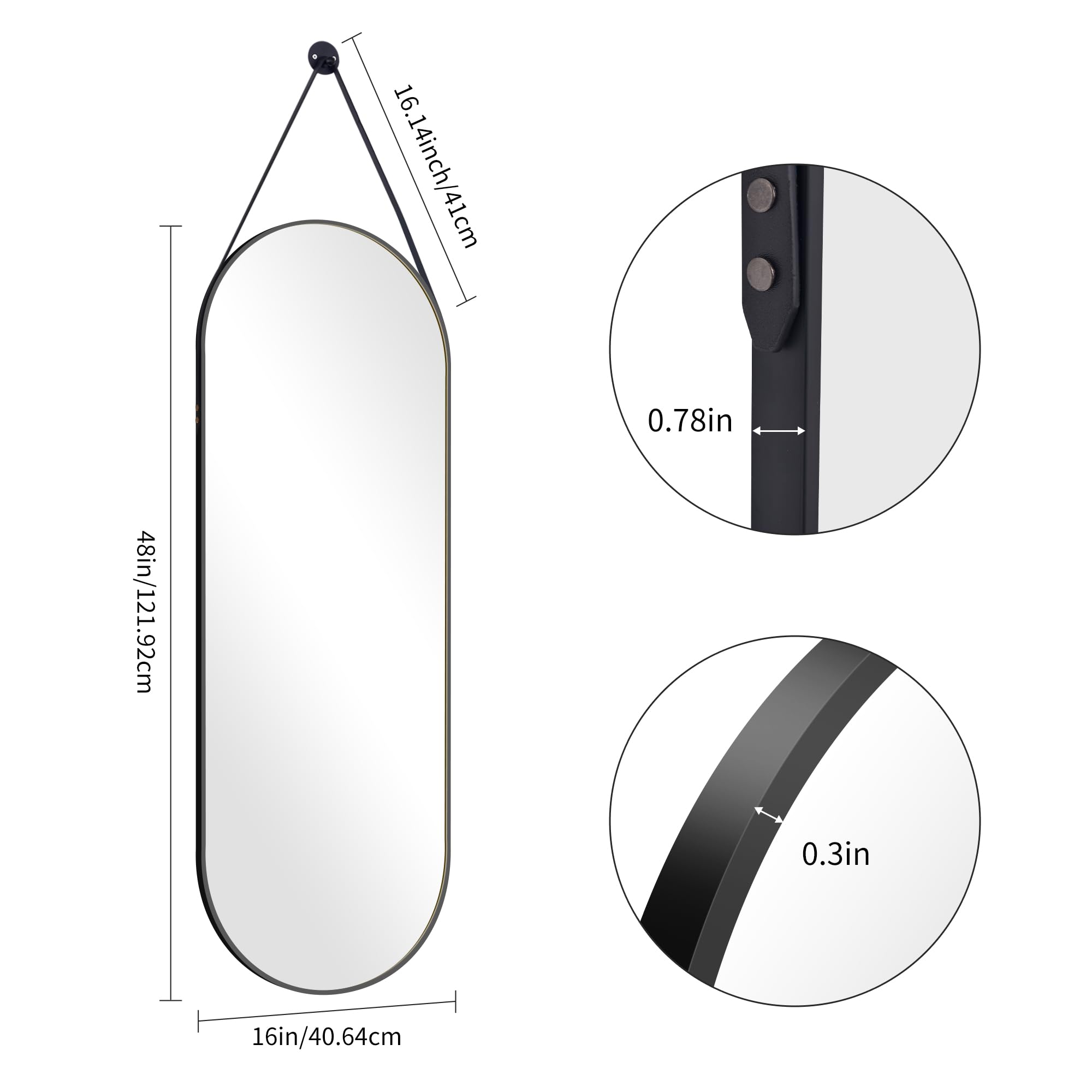KOCUUY Oval Full Length Mirror with Hanging Leather Strap, 16"x48" Black Metal Frame Hanging Mirror, Full Body Dressing Mirror Wall Door Mirror for Bathroom Vanity Living Room Bedroom Entryway