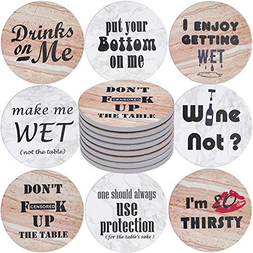 ENKORE Novelty Coasters Set of 8 Funny Quotes - Hilarious Party Conversation Starter, Housewarming Gift for Guy or Badass- X Large 4.3" Marble Finish with Cork Back fit All Drink Glass and Table Types