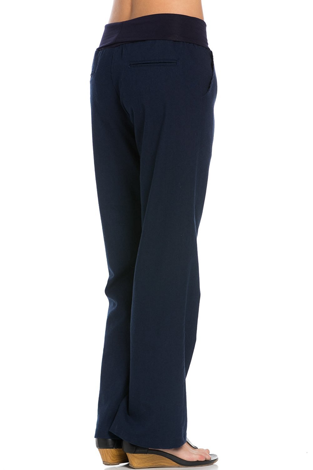Poplooks Women's Comfy Fold Over Linen Pants (Medium, Navy)