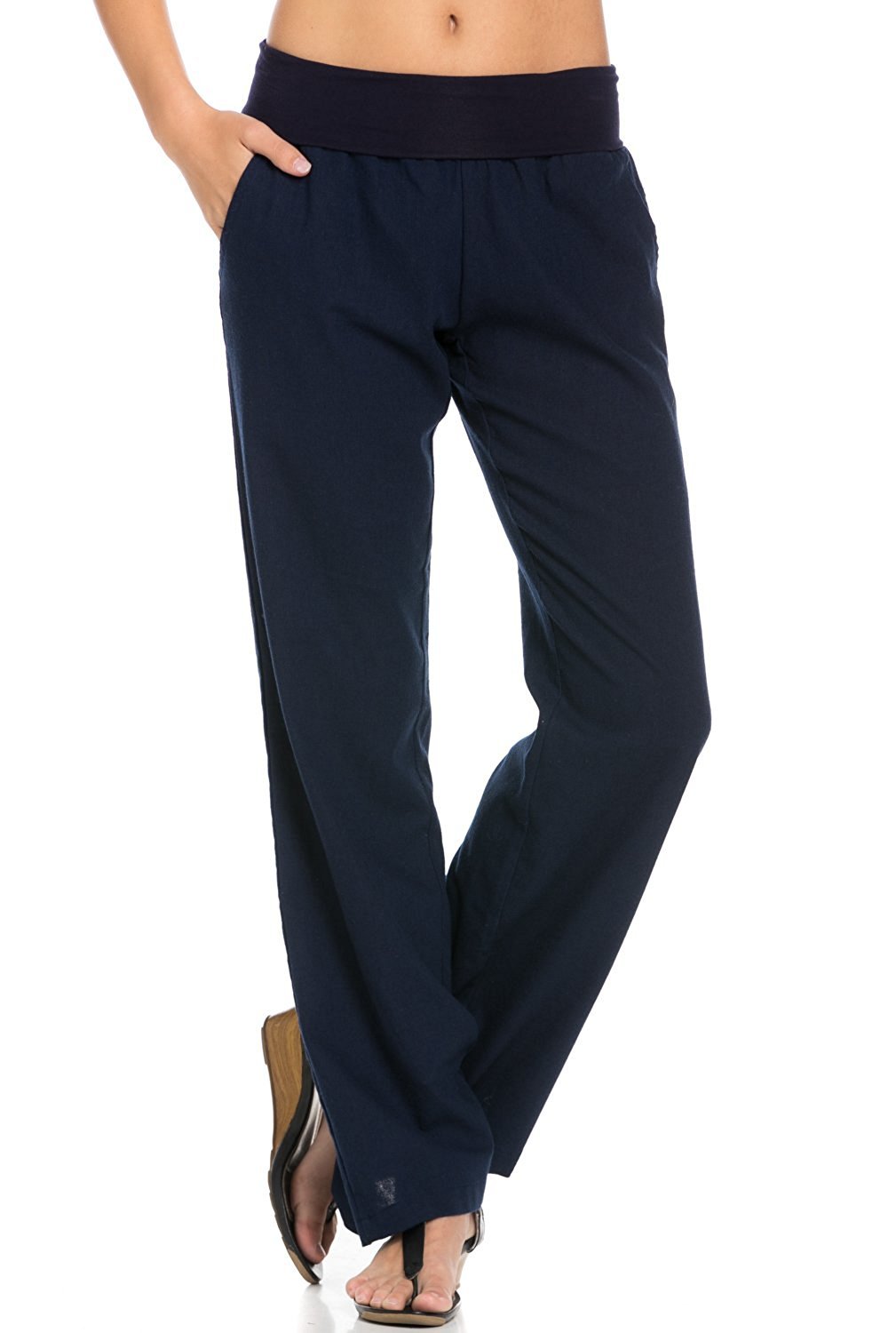 Poplooks Women's Comfy Fold Over Linen Pants (Medium, Navy)