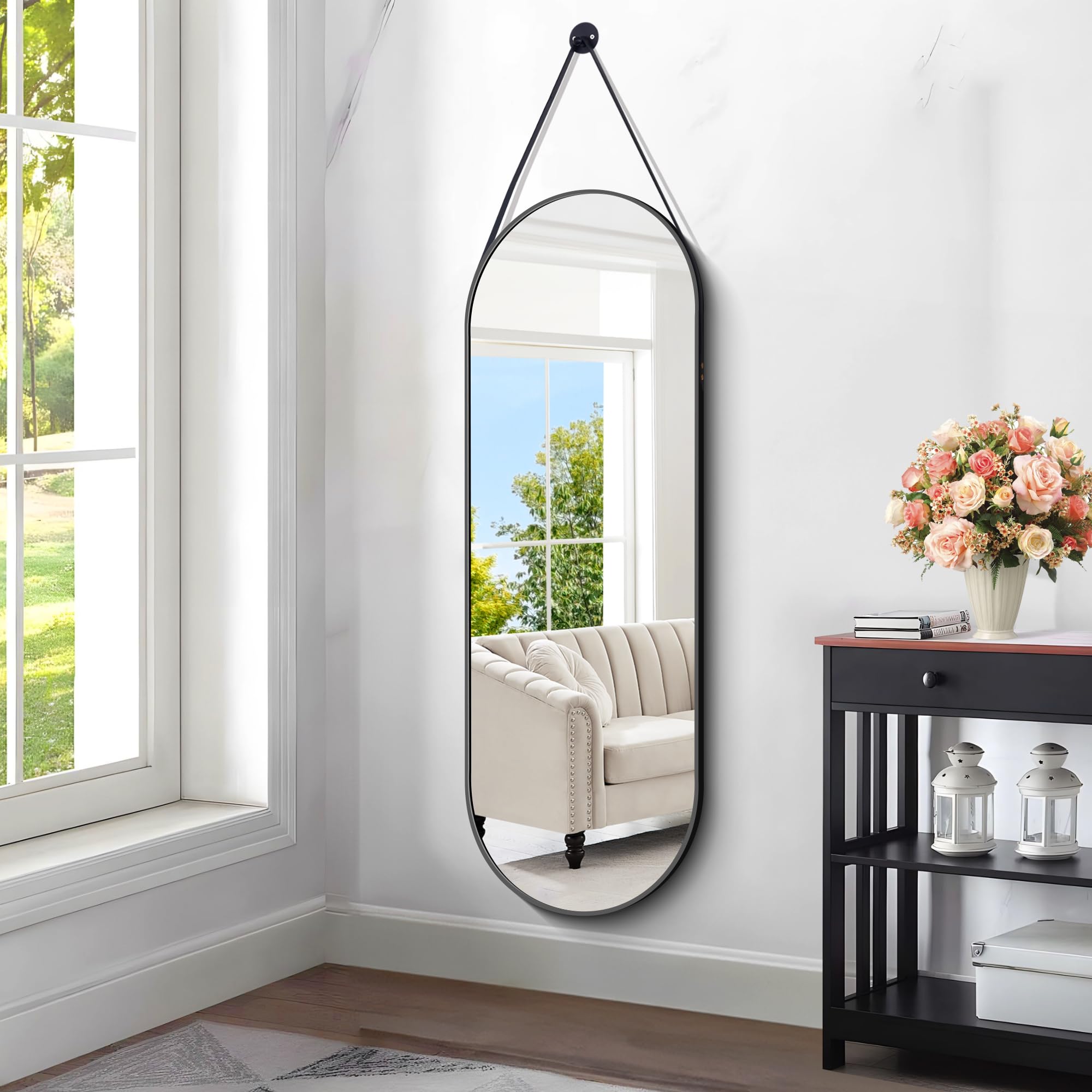 KOCUUY Oval Full Length Mirror with Hanging Leather Strap, 16"x48" Black Metal Frame Hanging Mirror, Full Body Dressing Mirror Wall Door Mirror for Bathroom Vanity Living Room Bedroom Entryway