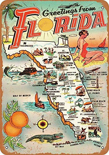 Greetings from Florida Vintage Retro Collectible tin Sign,Home Bar Pub Restaurant Garage Cafe Wall Decoration Artwork Poster 12X8 Inch