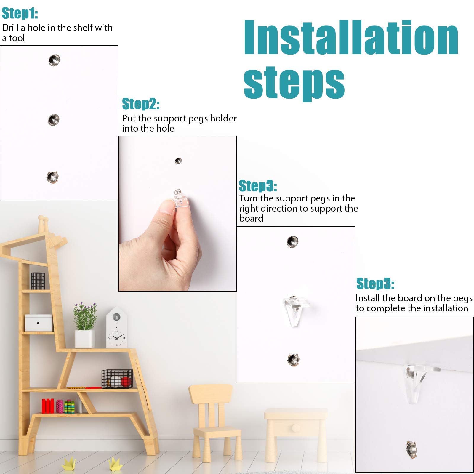 125 Pieces 5 mm Clear Plastic Shelf Support Pegs Holder for Cabinet Furniture Shelf Pin Bookshelf Bracket Easy to Install Nail