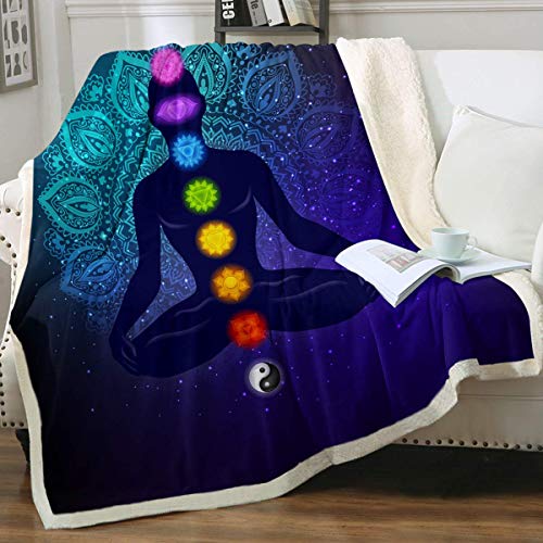 Chakra Meditation Soft Blanket Chakra Color Flowers Zen Spiritual Sherpa Plush Fleece Throw Blanket Spiritual Mandala Ultra Luxurious Plush Blanket Purple Blue and Teal Twin(60"x80")
