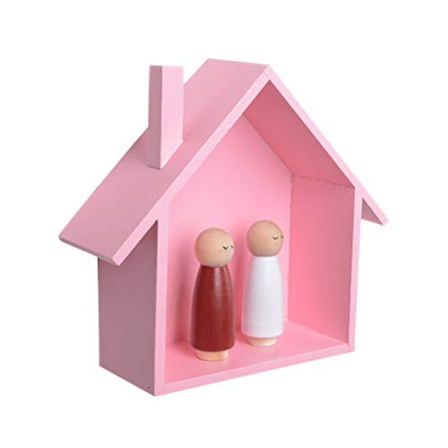 Cabilock Small House Shaped Wall Shelf Wooden Wall Mounted Storage Shelf Rack Organizer Display Box for Bedroom Living Room Kitchen Office (Pink)
