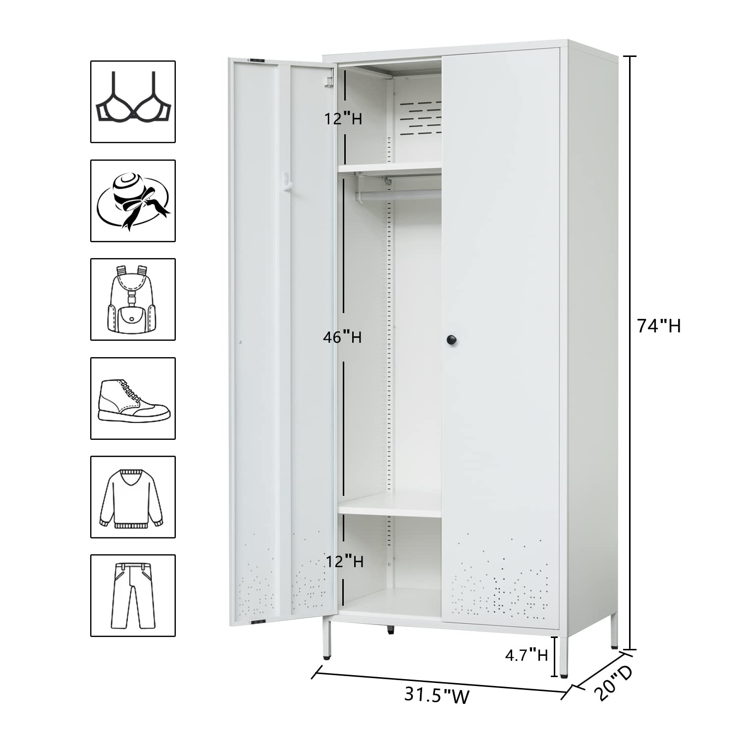 CJF Storage Cabinet, Metal Wardrobe Armoire Closet with Hanging Rod for Bedroom, Laundry Room(White)