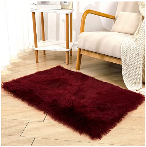 Faux Sheepskin Fur Fuzzy Rug with Rug Grippers for Burgundy Area Rug, 2x3 Ft Rectangle Small Furry Rugs, Alfombras para Habitacion, Fluffy Rug Fur Rugs for Bedroom, Living Room, Home Decor …