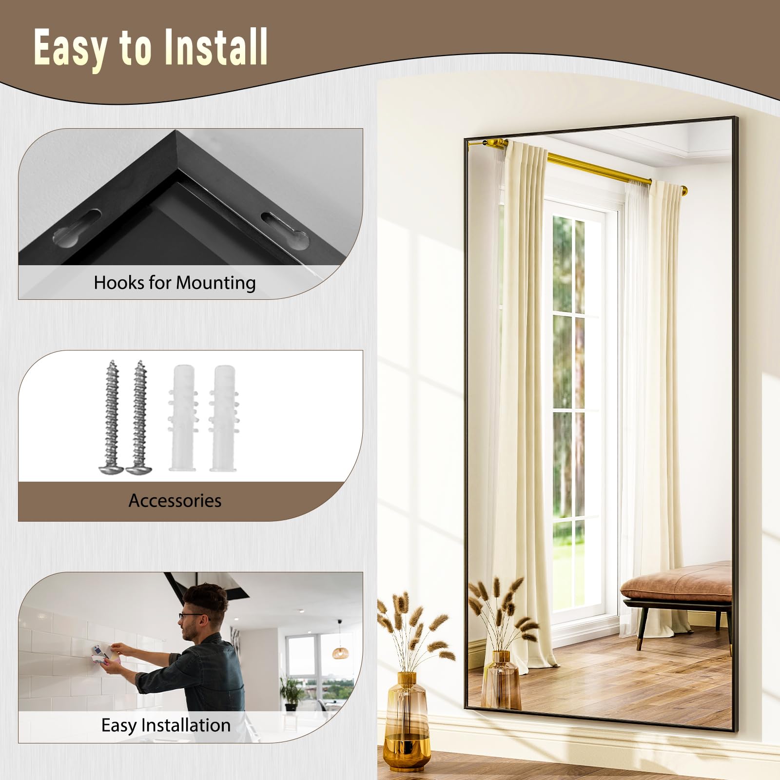 GLSLAND 76"x34" Full Length Mirror Extra Large Hanging or Leaning Rectangle Mirror Aluminum Alloy Thin Frame Bedroom Floor Dressing,Black