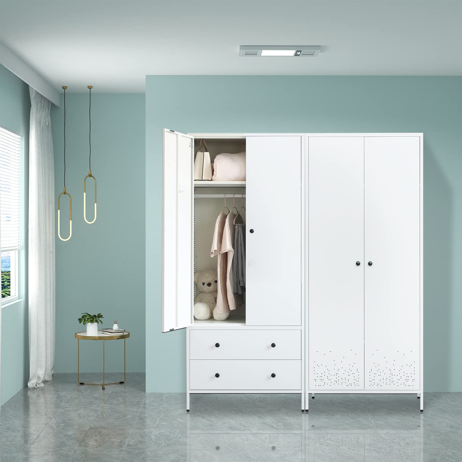 CJF Storage Cabinet, Metal Wardrobe Armoire Closet with Hanging Rod for Bedroom, Laundry Room(White)