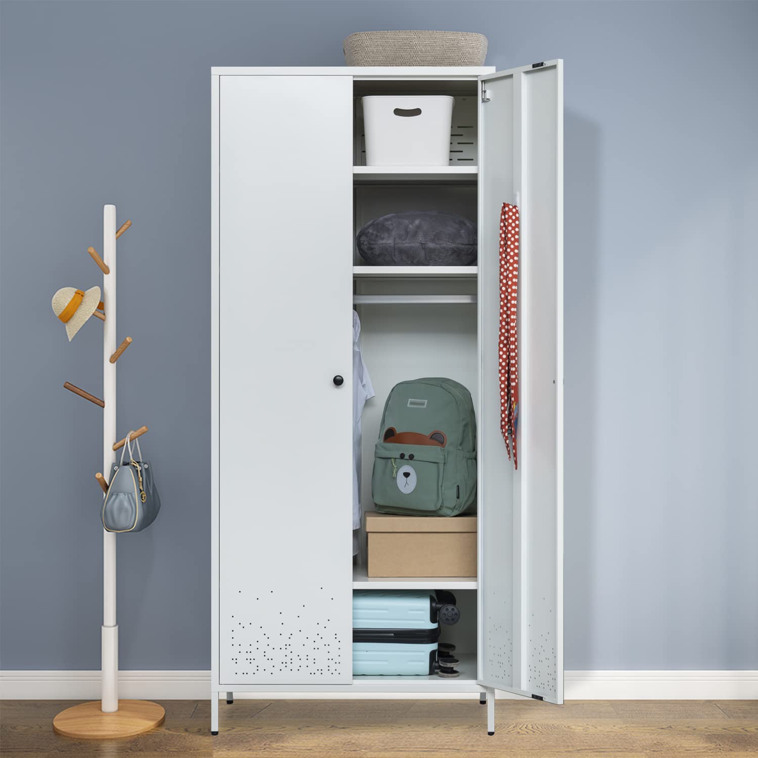CJF Storage Cabinet, Metal Wardrobe Armoire Closet with Hanging Rod for Bedroom, Laundry Room(White)